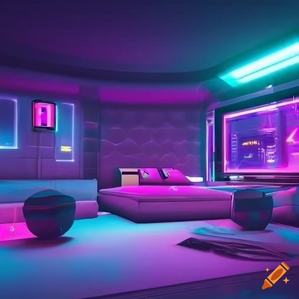 Cyberpunk ice crystal bedroom bathed in cyan, yellow, and magenta light ...