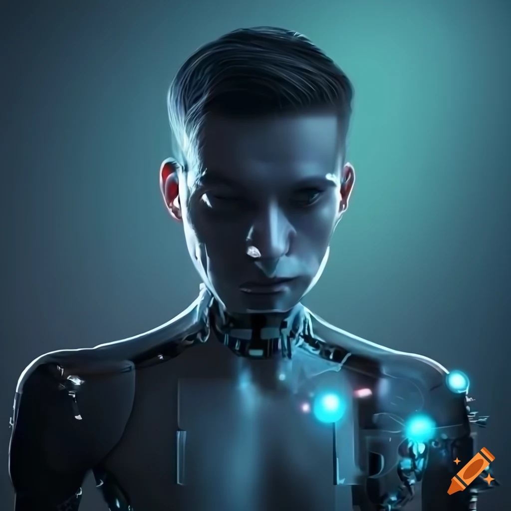 Highly detailed photorealistic image of a male cyborg receptionist in a ...