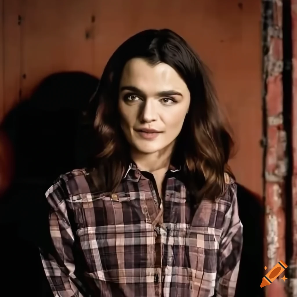 Actress resembling Rachel Weisz in a country plaid shirt and high-waist ...