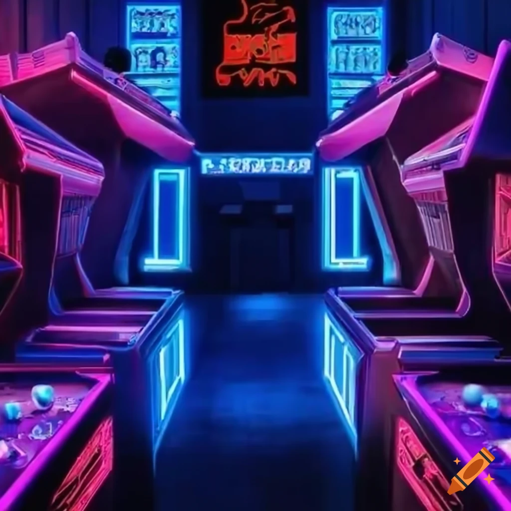 Neon lit video game arcade with 1980s style neon lighting and rows of ...