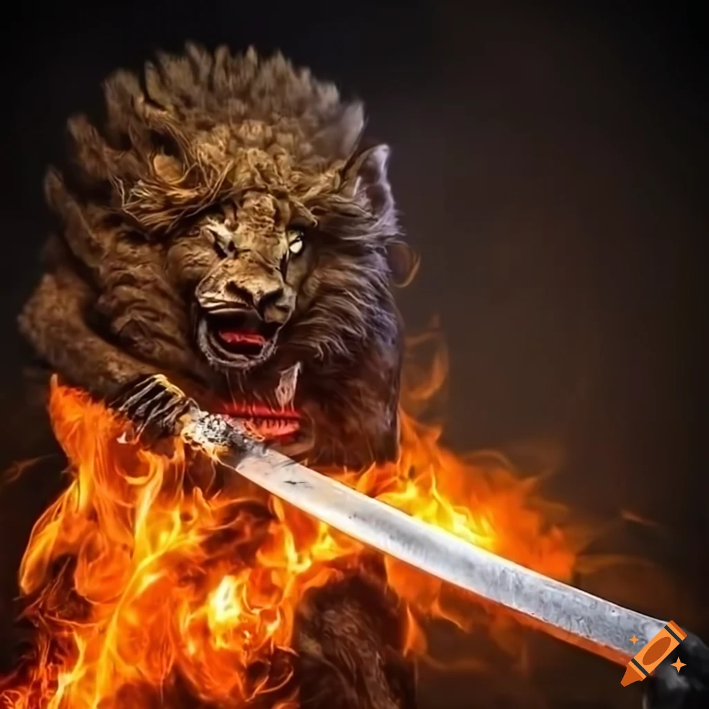 Samurai lion engaged in a sword fight with flames in the background on ...
