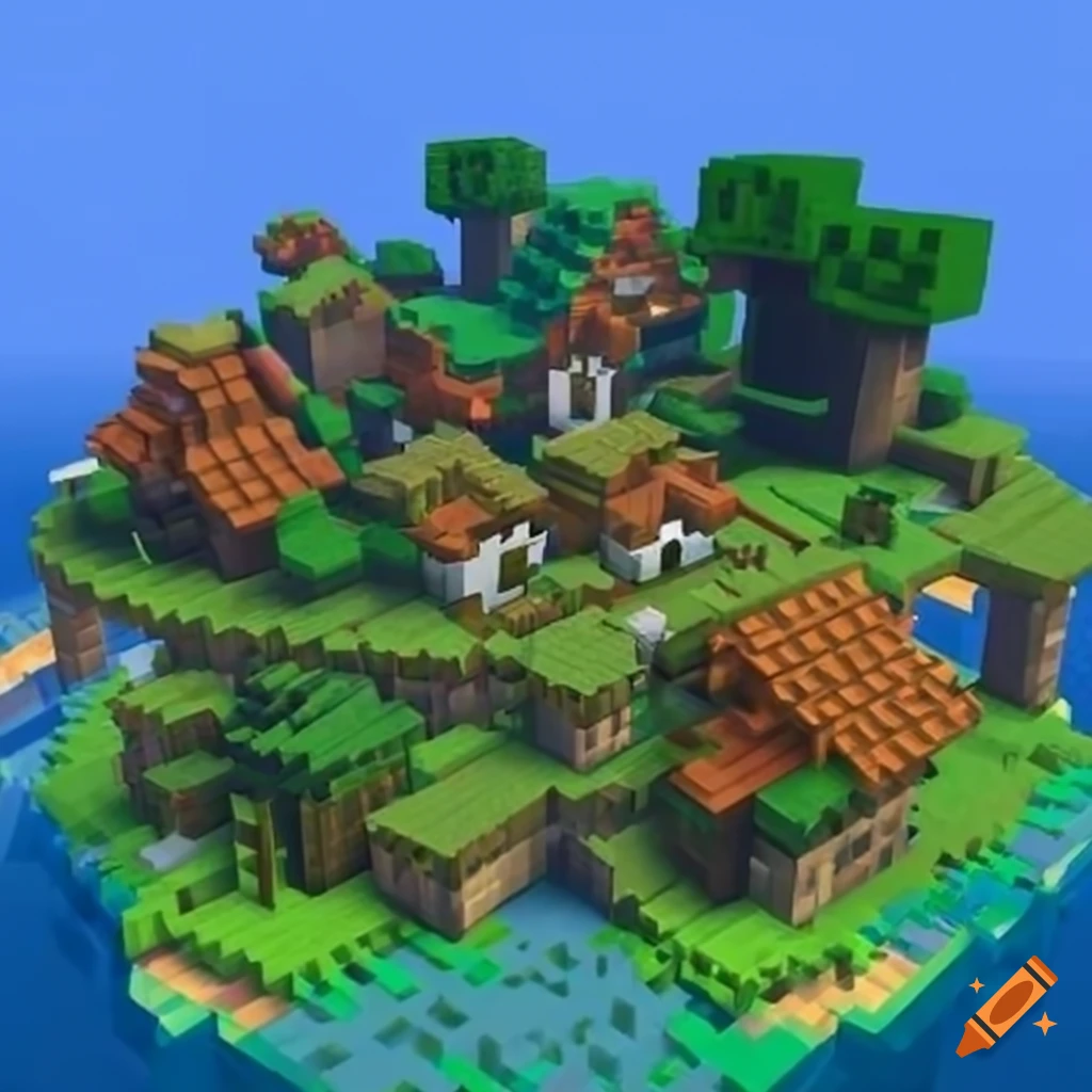 Minecraft goblin core village on an island on Craiyon