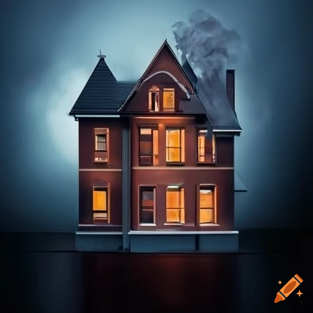 Two-story residence with smoke at the back on Craiyon