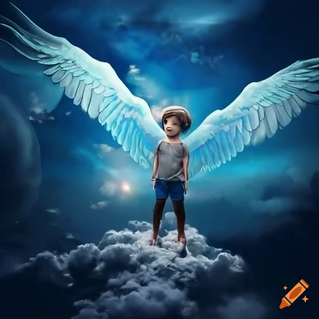 Fantasy boy with wings exploring a mysterious and beautiful earth with ...