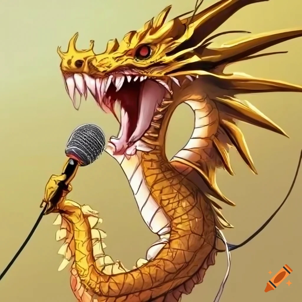 Golden dragon singing with a microphone on Craiyon