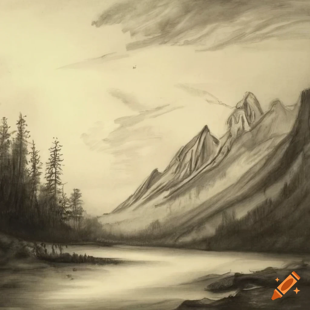 Childlike drawing of a river between two mountains in a landscape on ...