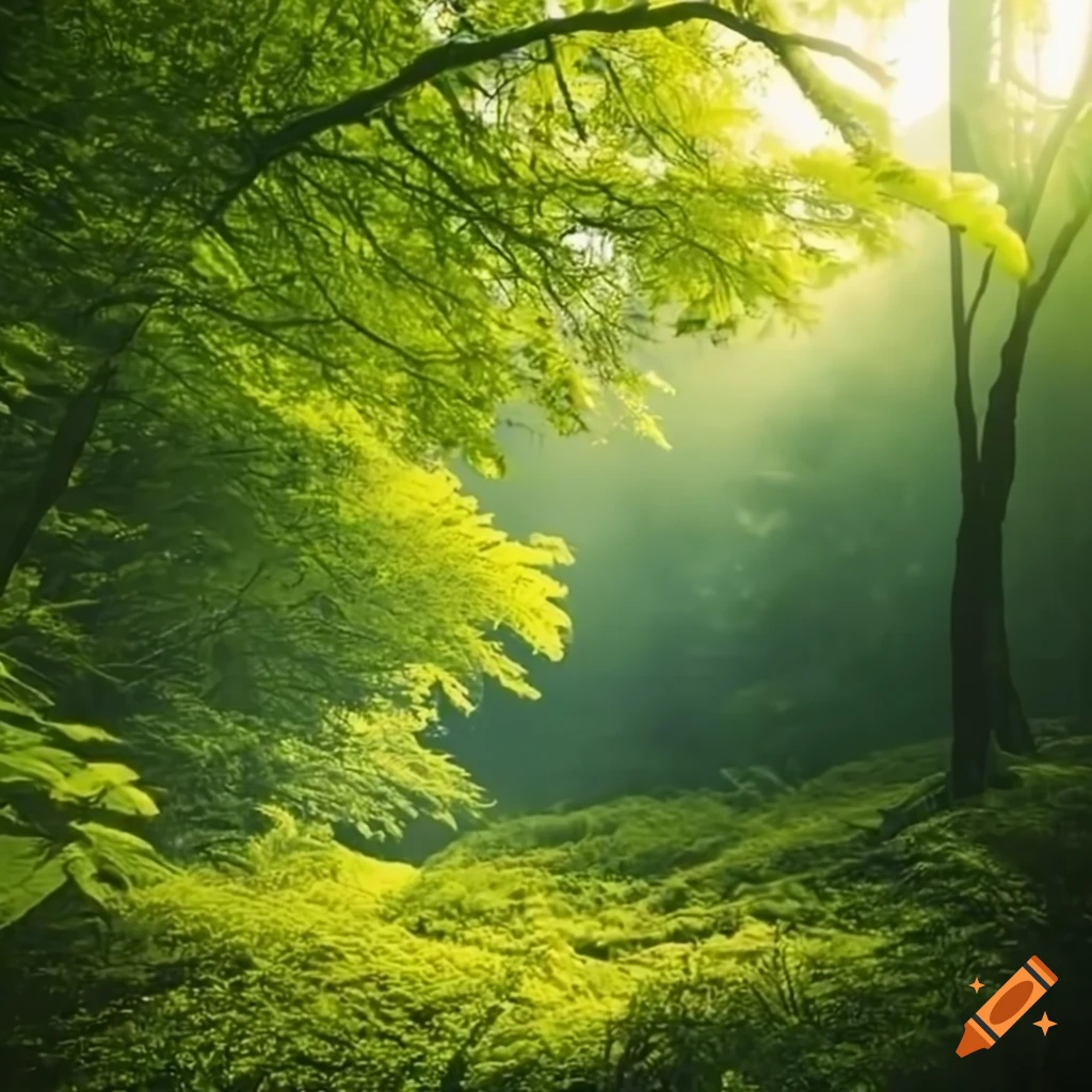 Peaceful view of lush greenery in a serene forest on Craiyon