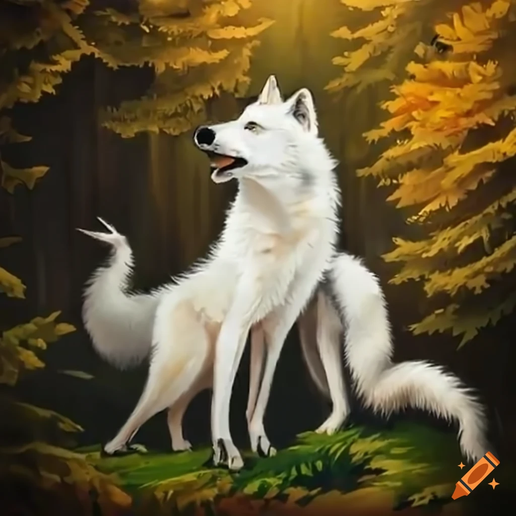 White wolf whining in a forest while trying to catch a deer on Craiyon