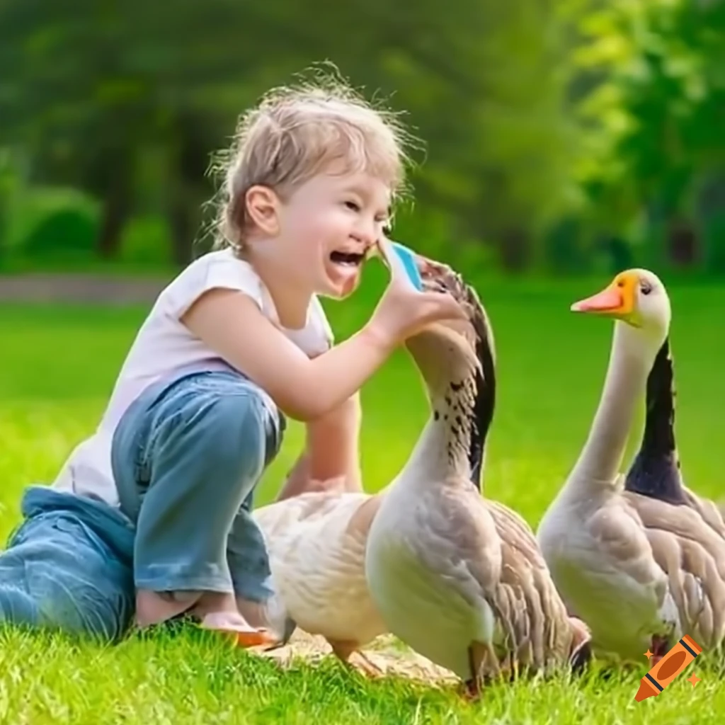 Child playfully interacting with a goose in the park on Craiyon