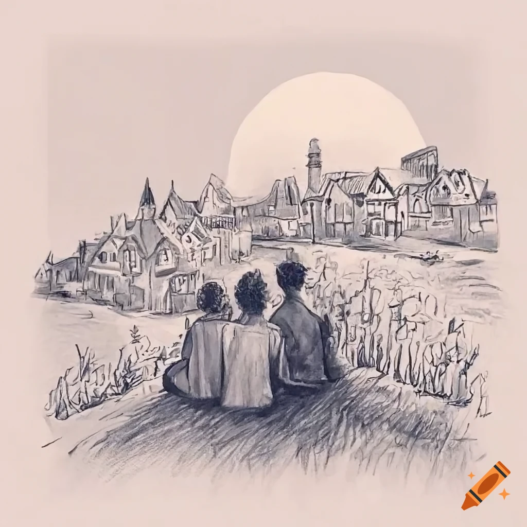 Three friends admiring a charming village view illuminated by the ...