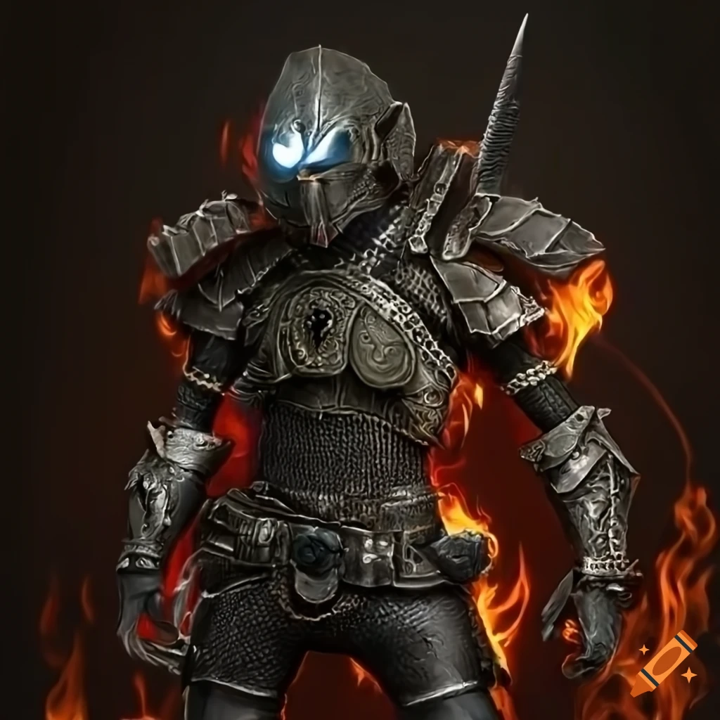 Man with black fiery sword and obsidian armor on Craiyon