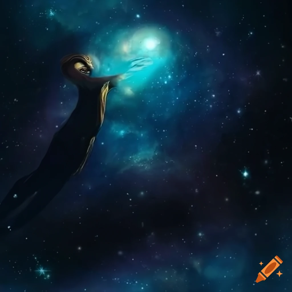 Ethereal boy with wings flying through space on Craiyon