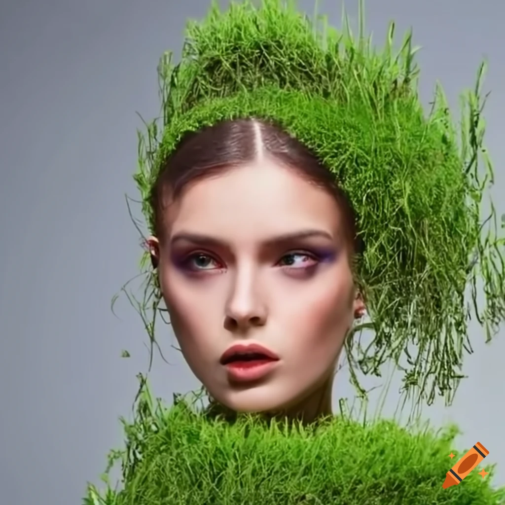 Model walking the runway in a gown made of lawn grass on Craiyon