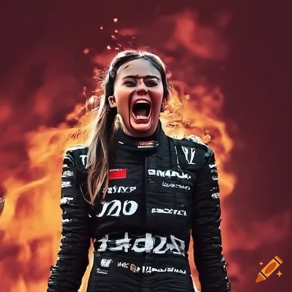 Formula 2 female driver celebrating her first Grand Prix win on Craiyon