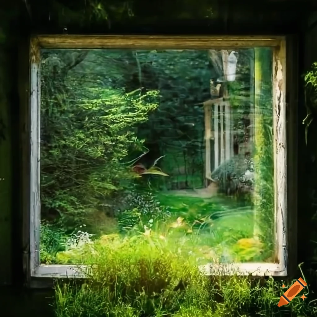 View of a garden with grass, fish pond and wheelbarrow through a window ...