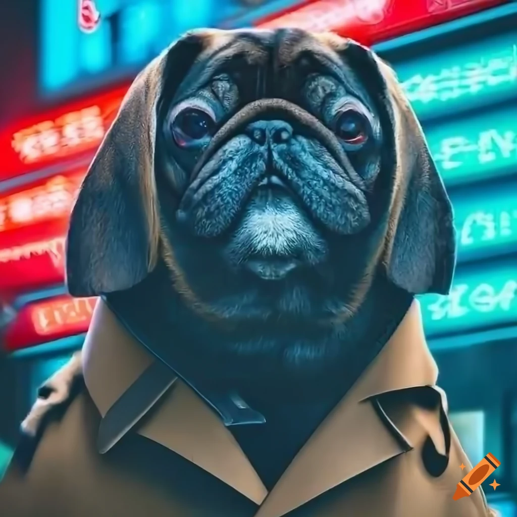 Happy anthropomorphic pug in trench coat suit at futuristic Japanese ...