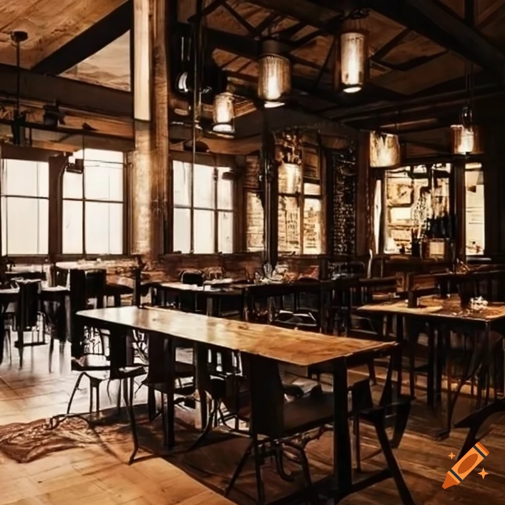 Restaurant with industrial style and reclaimed furniture on Craiyon