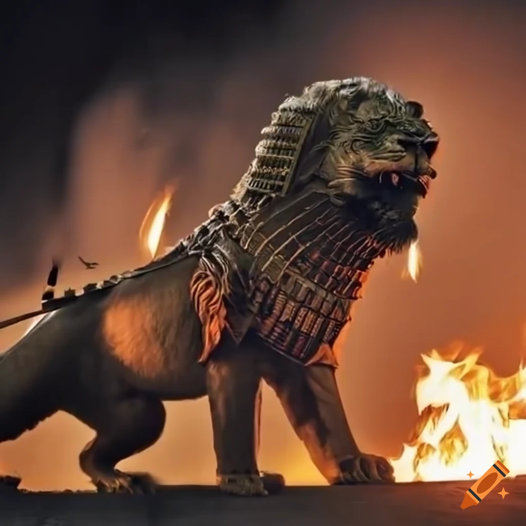 Samurai lions engaged in a sword fight with flames in the background on ...