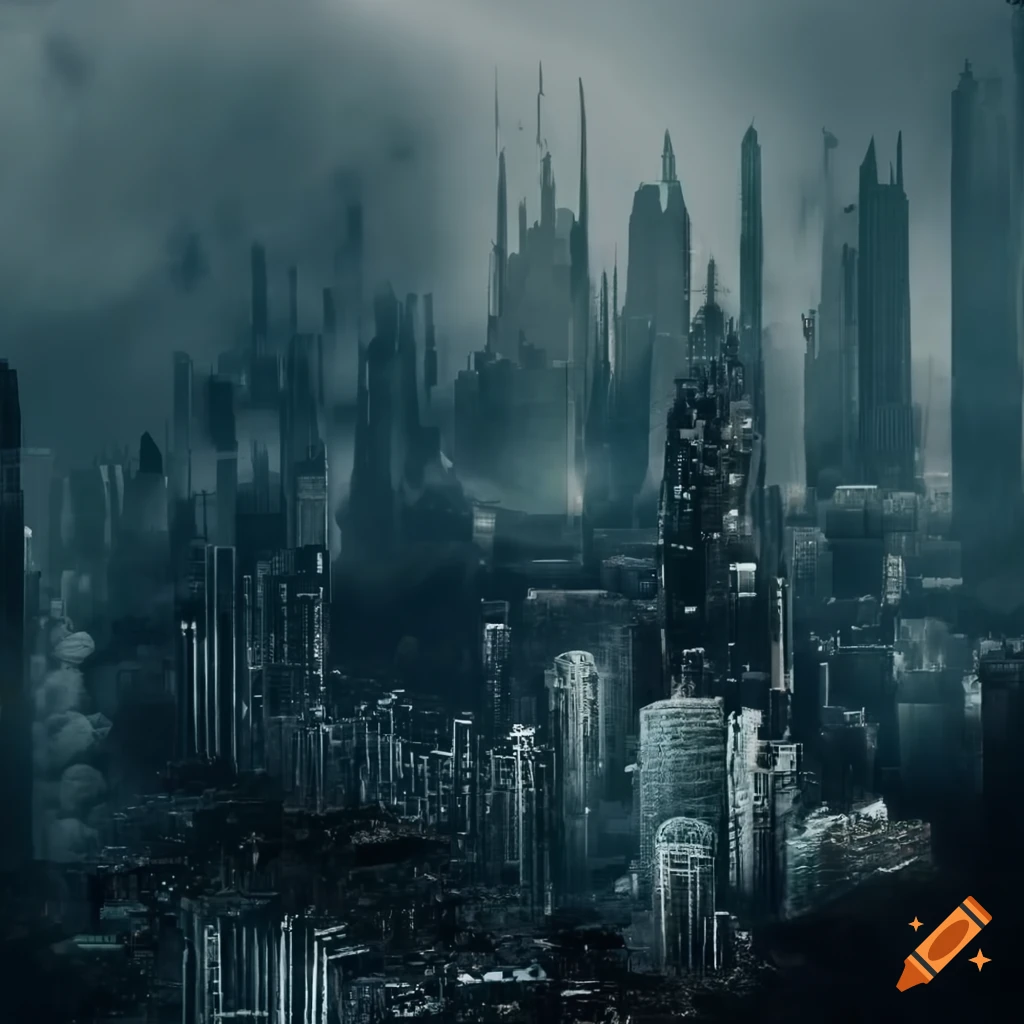 Futuristic city devastated by poverty and ecological disasters on Craiyon