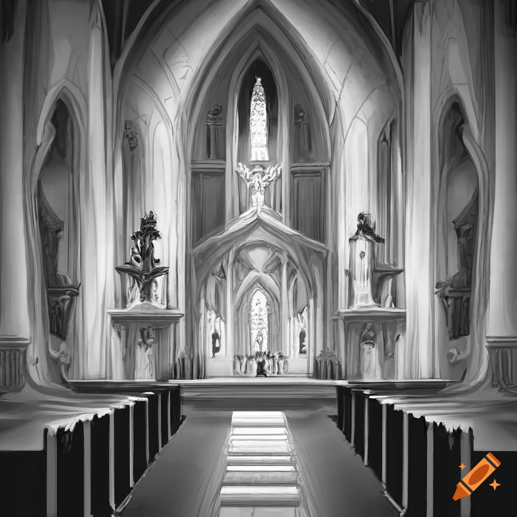 Grayscale drawing of a church altar on Craiyon