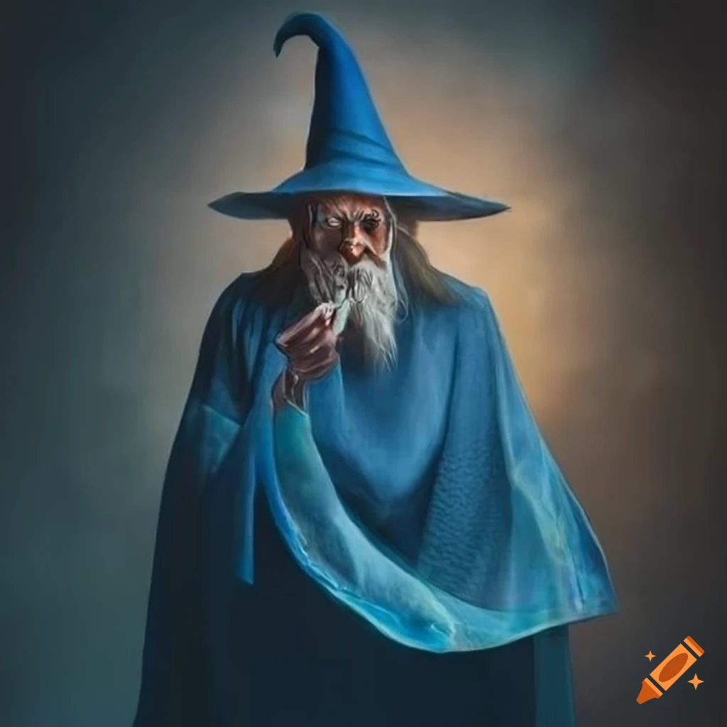 Realistic illustration of a wizard with a blue cape among fruits and ...