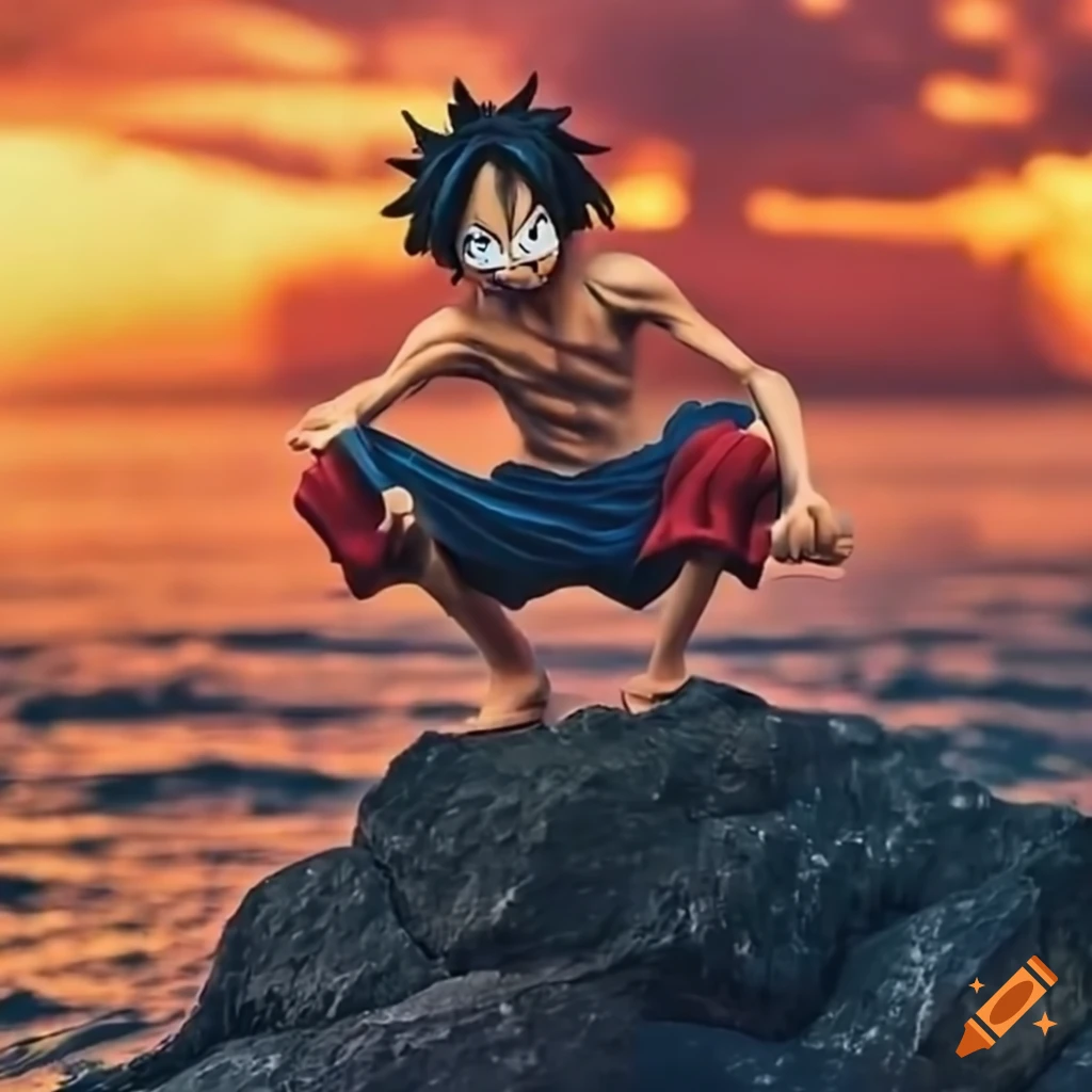 Captain Monkey D. Luffy posing heroically on a rocky outcrop by the ...