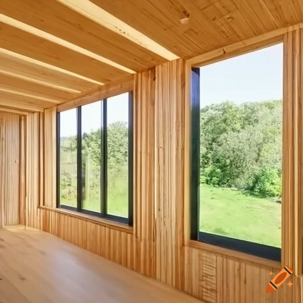 Interior of a sustainable house made of mass timber on Craiyon