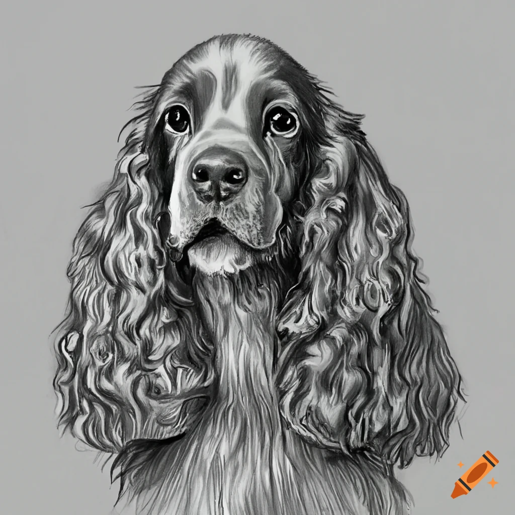 Black and white pencil drawing of an english cocker spaniel on Craiyon