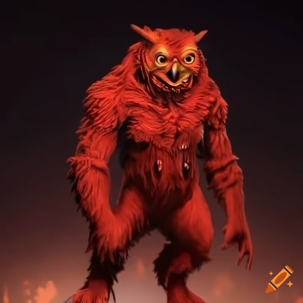 Massive red humanoid owlbear standing on Craiyon