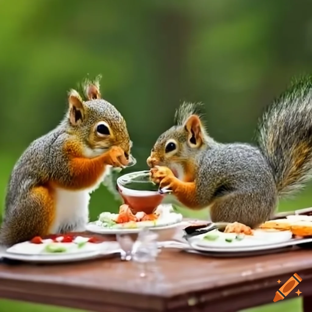 Squirrels having a feast at a dinner party on Craiyon