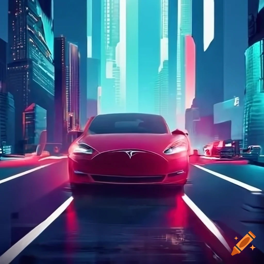 Woman standing by Tesla car with futuristic cityscape backdrop on Craiyon