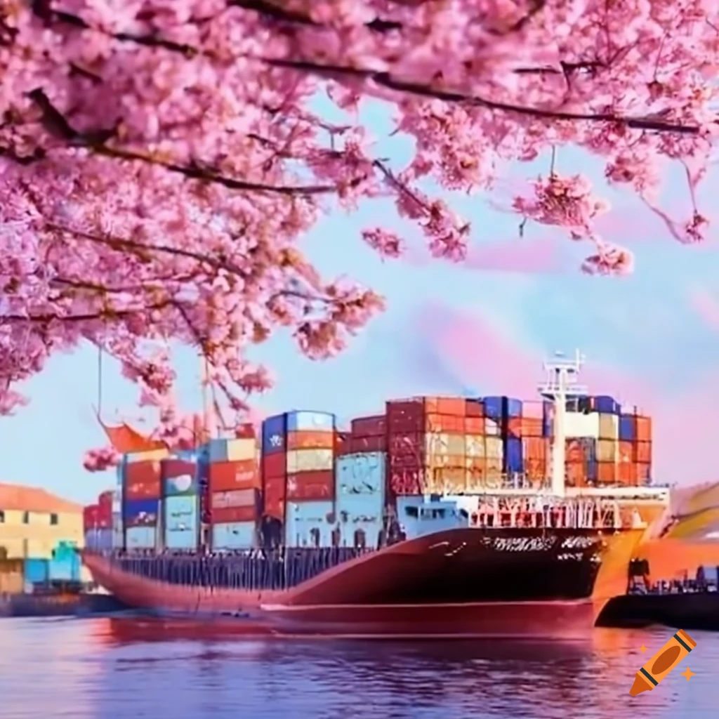 Container ship in a japanese port with sakura flowers on Craiyon