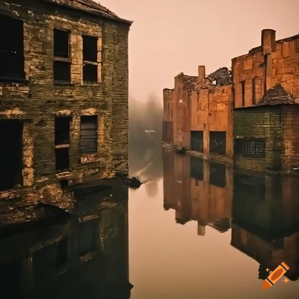 Worn down abandoned buildings sinking into water in thick fog and ...