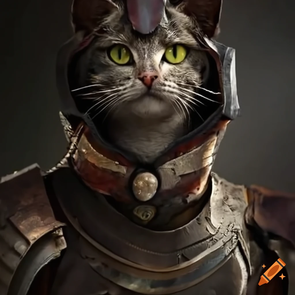Cat in armor ready for battle on Craiyon