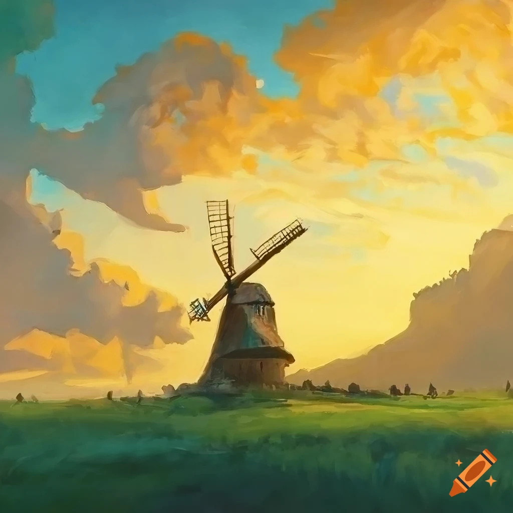 Flat plains windmill landscape in magic: the gathering art on Craiyon