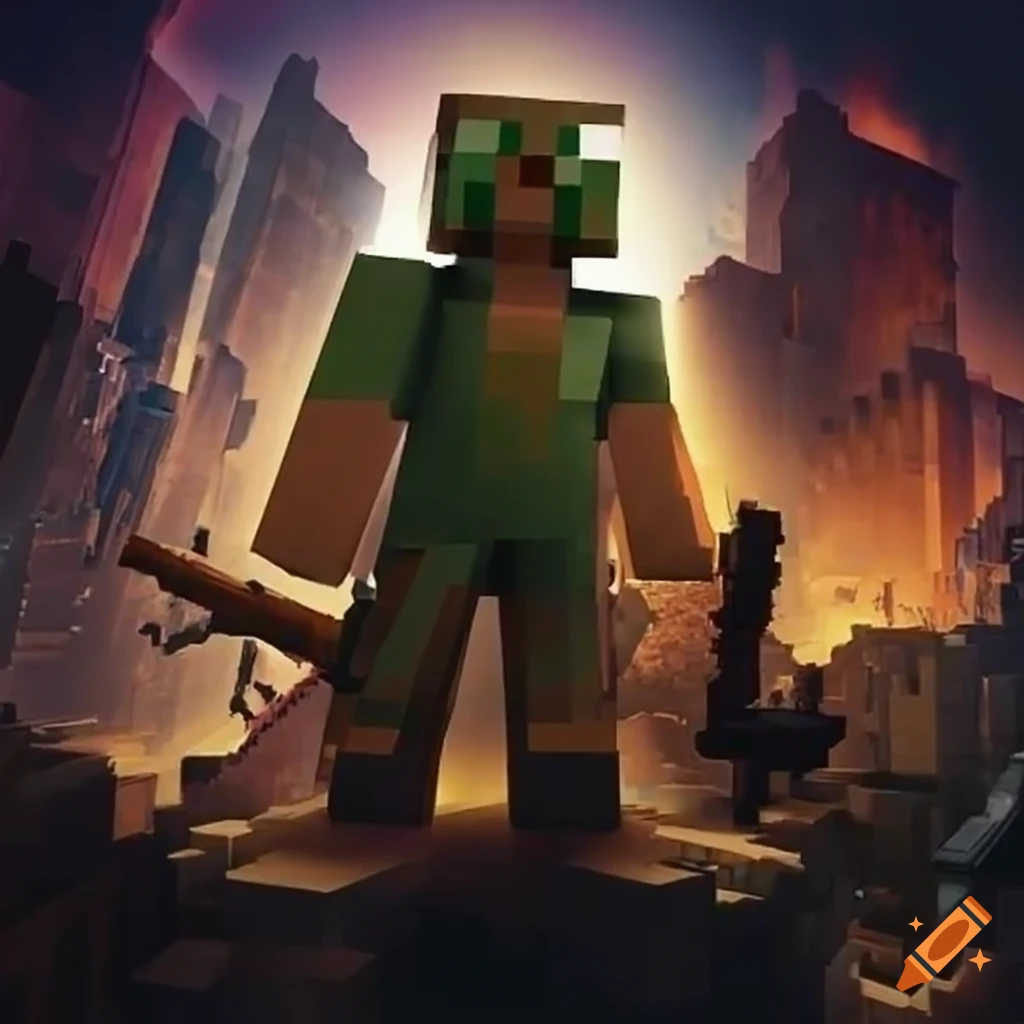 Apocalyptic scene of a broken city in the minecraft videogame on Craiyon