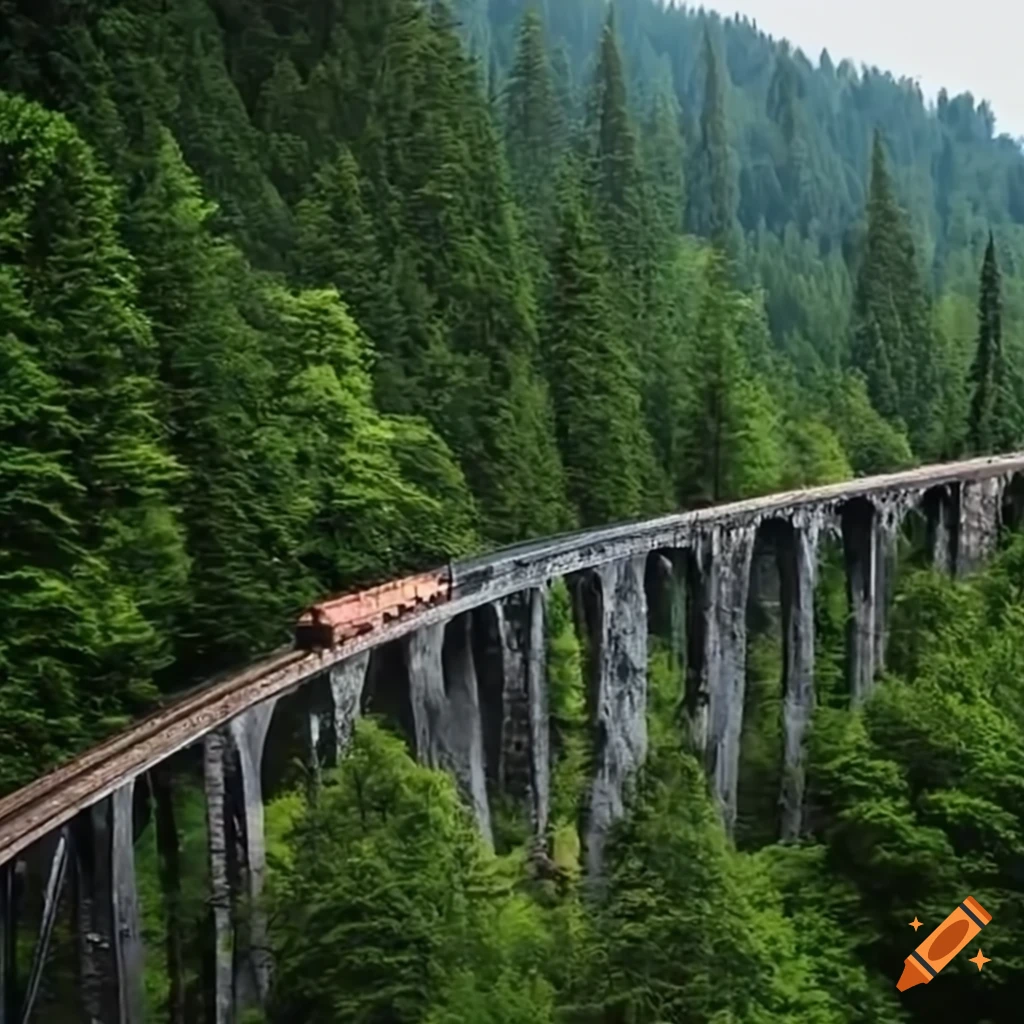 Scenic mountainous forest with a large train bridge on Craiyon