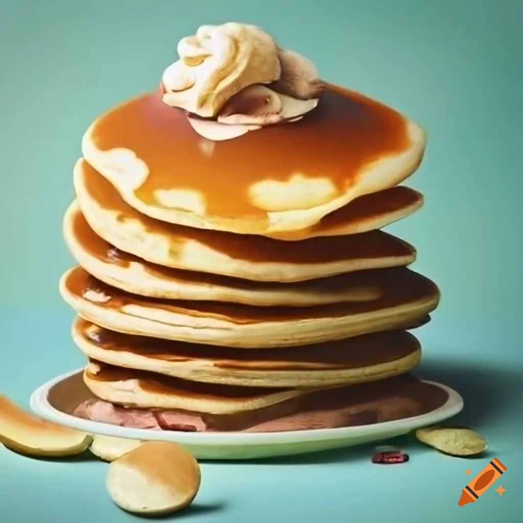Stack of pancakes with syrup and a one dollar bill on top on Craiyon