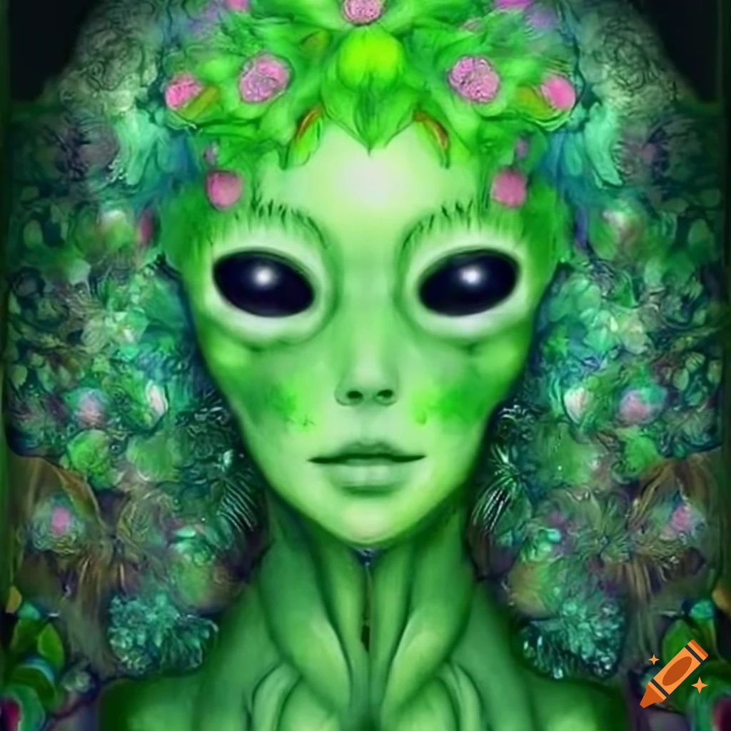 Hypnotic feminine green alien plant with blossoms on Craiyon