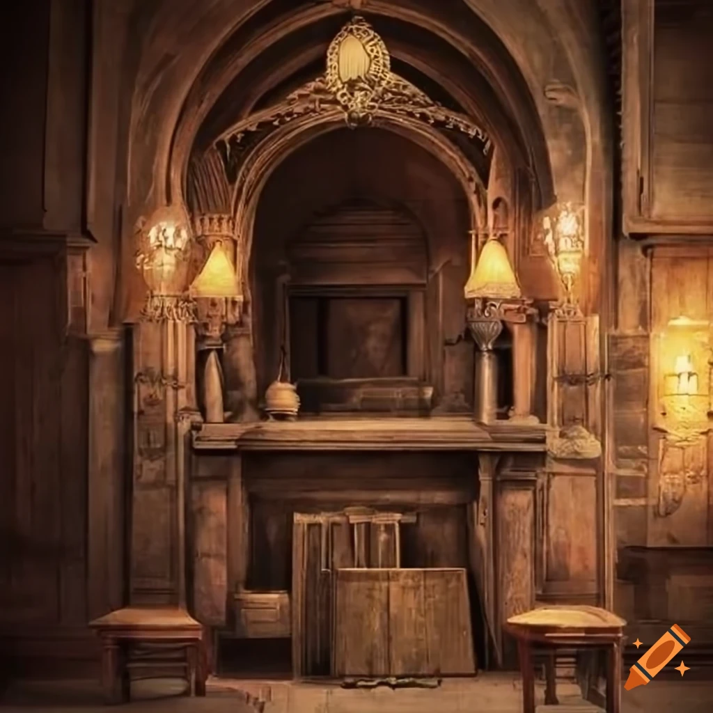 Interior of a medieval bank with rustic decor and pickaxes on the walls ...