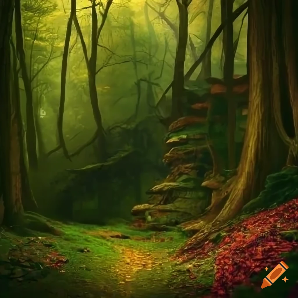 Detailed fantasy forest scene with trees, flowers, and mushrooms on Craiyon