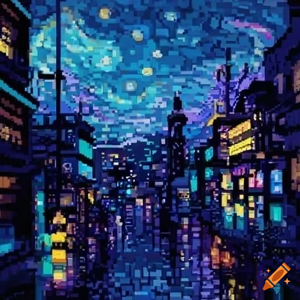 Pixel art of starry night in a japanese city on Craiyon