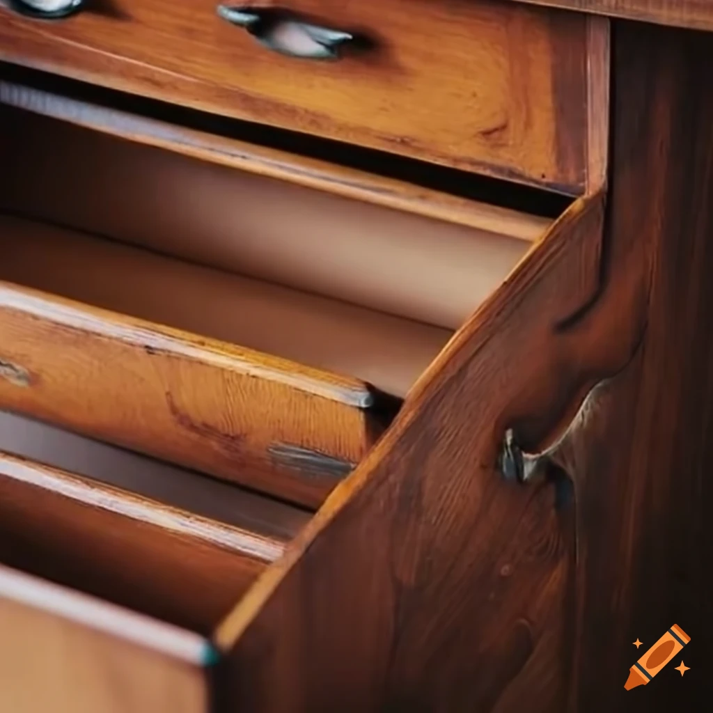 Hand reaching into an open vintage wood dresser drawer on Craiyon