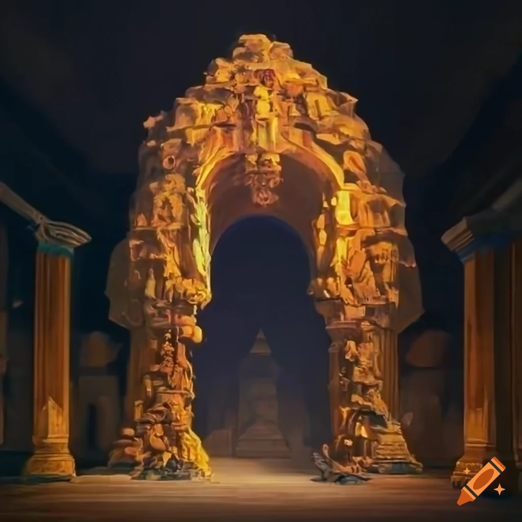 Mega portal made of an island bust with stunning lighting on black ...