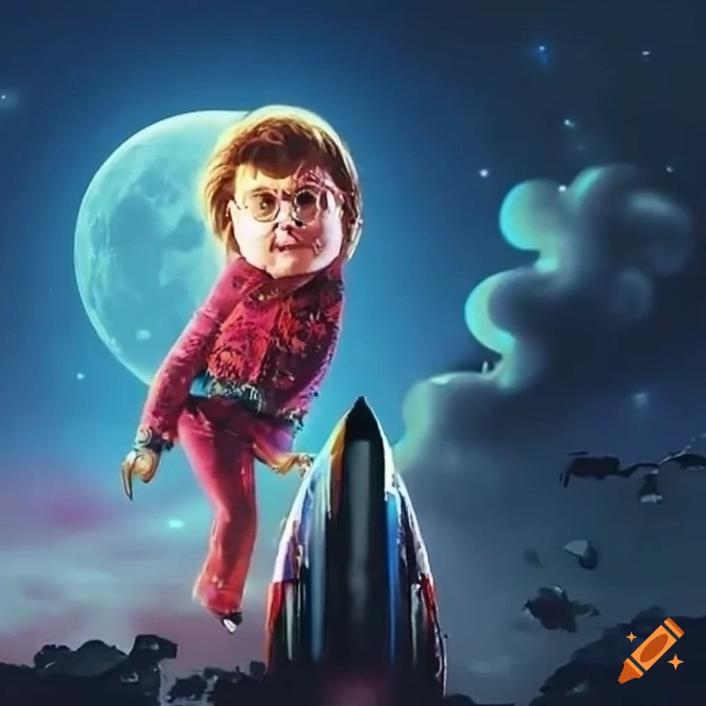 Elton john riding a rocket by the moon on Craiyon