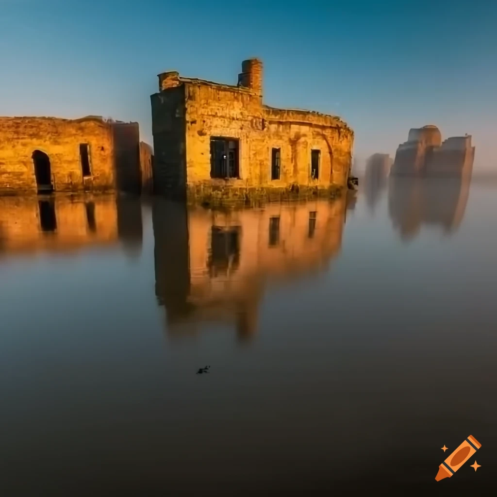 Worn down abandoned buildings sinking into water in thick fog and ...
