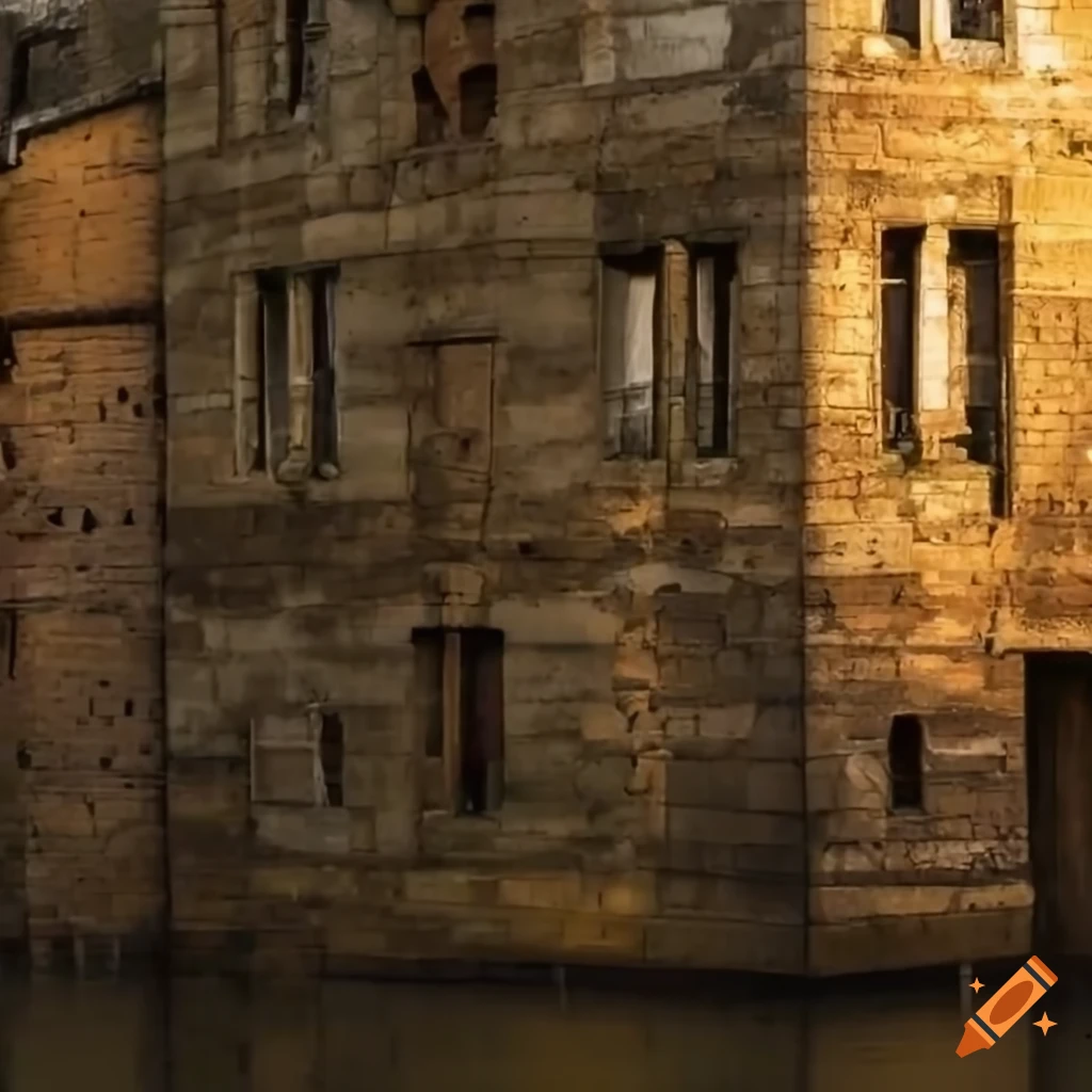 Worn down abandoned buildings sinking into water in thick fog and ...