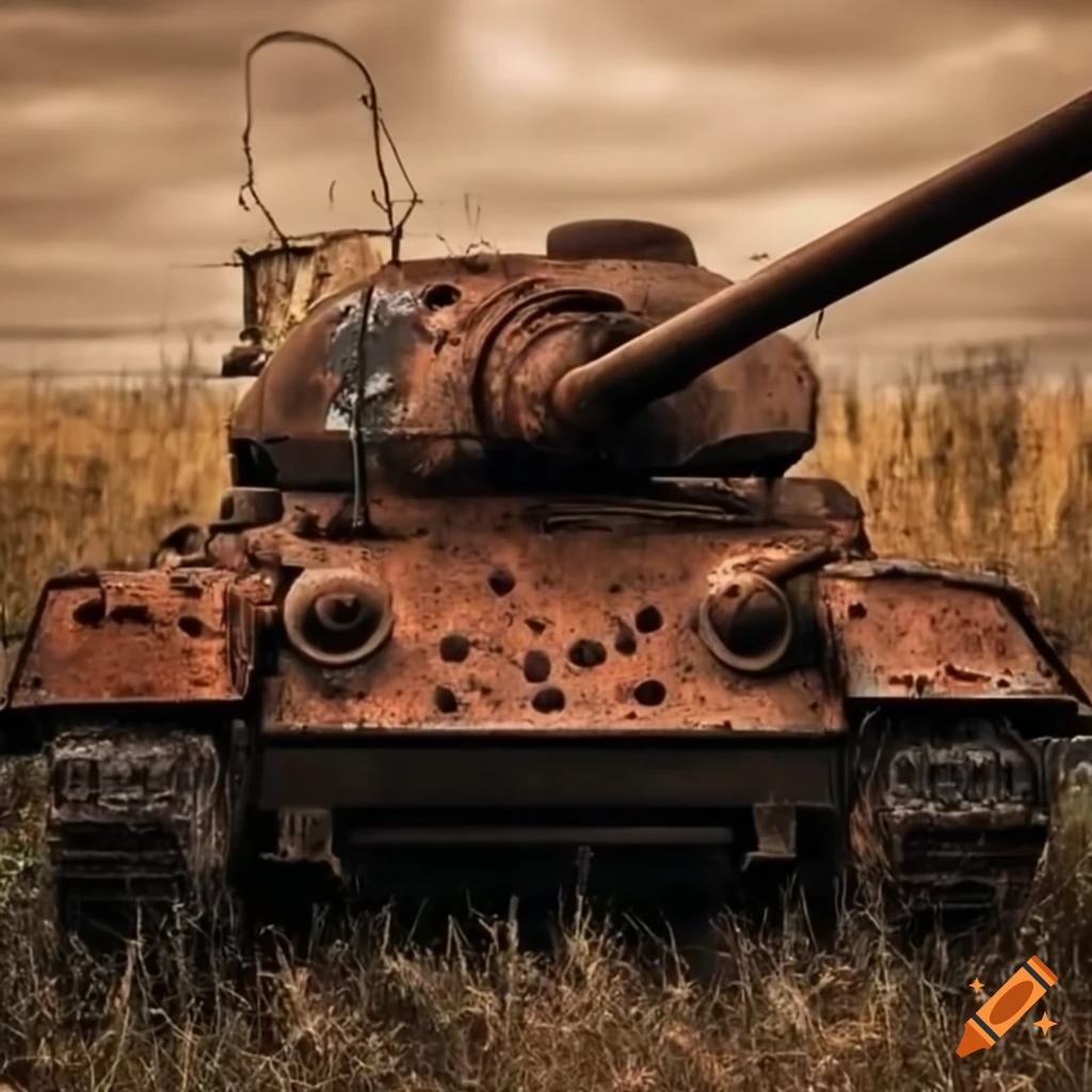 Old abandoned T-34 tank covered in rust and bullet holes in a field on ...