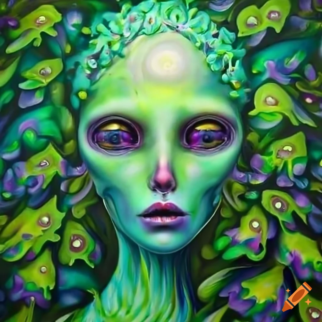 Hypnotic psychic green alien plant with blossoms on Craiyon