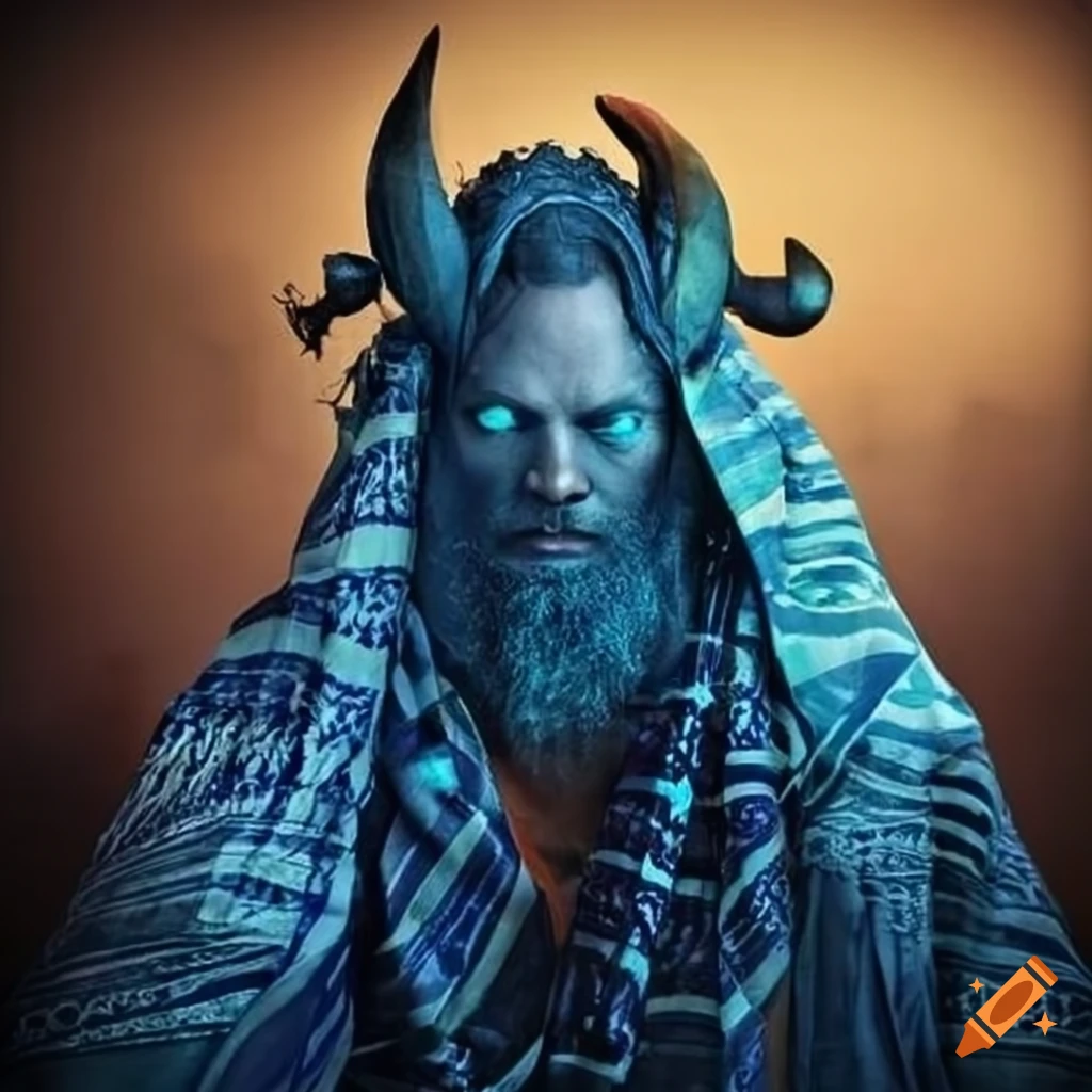 Blue djinn with keffiyeh standing in front of caravan goods on Craiyon